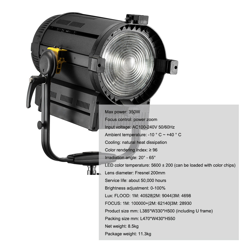 ALUMOTECH 350W 5500K DMX High CIR LED Fresnel Spot Light For Studio Ph